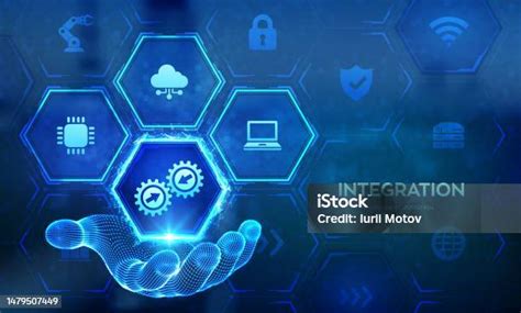 Integration Data System System Integration Technology Concept In Wireframe Hand Industrial And
