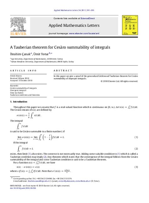 Pdf A Tauberian Theorem For Cesàro Summability Of Integrals