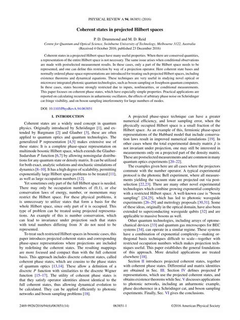 Pdf Coherent States In Projected Hilbert Spaces · Coherent States In Projected Hilbert Spaces