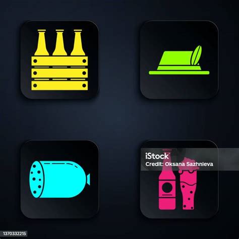 맥주 병과 유리 맥주 병 팩 살라미 소시지 옥토버페스트 모자를 놓습니다 검은 색 사각형 버튼 벡터 0명에 대한 스톡 벡터 아트