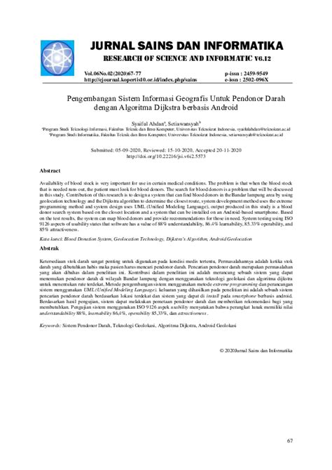 Pdf Pengembangan Sistem Informasi Geografis Untuk Pendonor Darah Dengan Algoritma Dijkstra