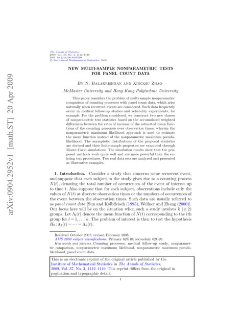 Pdf New Multi Sample Nonparametric Tests For Panel Count Data