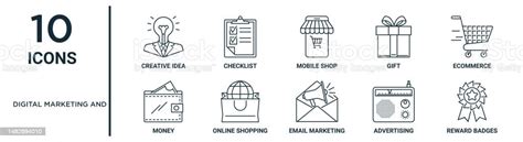 디지털 마케팅 및 개요 아이콘 세트에는 얇은 선 창의적인 아이디어 모바일 상점 전자 상거래 온라인 쇼핑 광고 보상 배지 보고서 프레젠테이션 다이어그램 웹용 머니 아이콘이