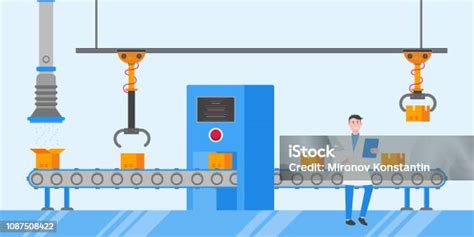 스마트 산업 40 고 기술 조립 라인 플랫 스타일 디자인 벡터 일러스트 레이 션 개념 생산 컨베이어 벨트와 연산자 생산 라인 로봇 팔 골 판지 상자와 자동화 라인 개념에