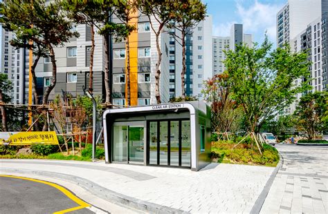 Sk건설 단지 내 미세먼지 없는 버스정류장 최초 도입 건설 버스 정류장 디자인