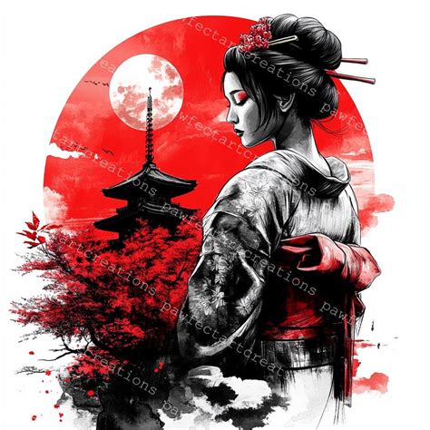 12 Geisha And Moon Clipart Detailed Geisha Print Printable Watercolor