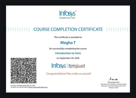 Unix Certification Infosys Learning Tech Continuousgrowth Megha T