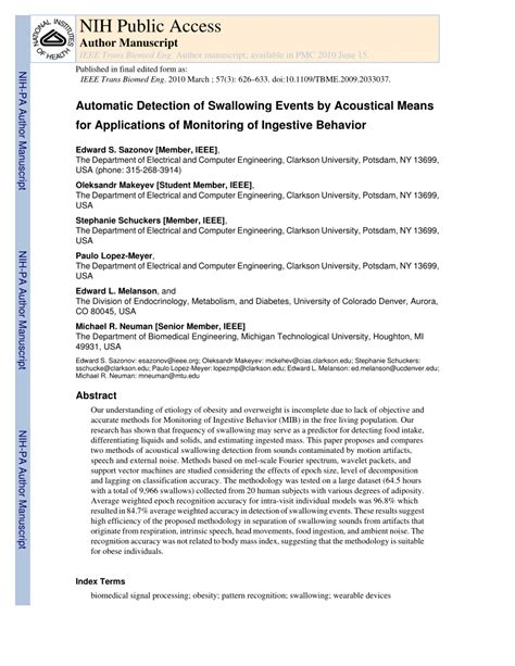 Pdf Automatic Detection Of Swallowing Events By Acoustical Means For Applications Of