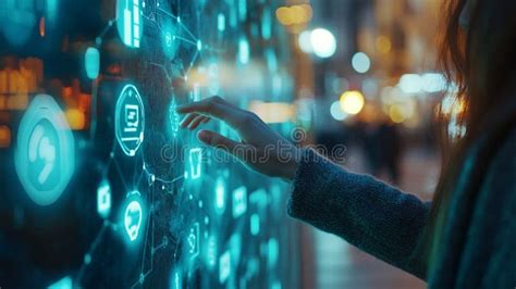 Woman Hand Interacting Futuristic Digital Interface Screen Technology Neon Cityscape Night Web