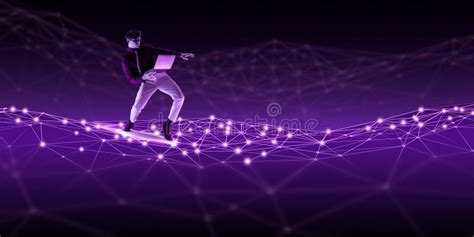 Man Balancing On Digital Network Waves Holding Laptop Navigating Futuristic Data Landscape