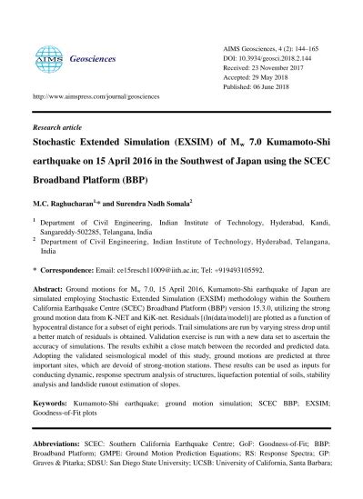 Stochastic Extended Simulation Exsim Of Mw 7 0 Kumamoto Shi Earthquake On 15 April 2016 In The