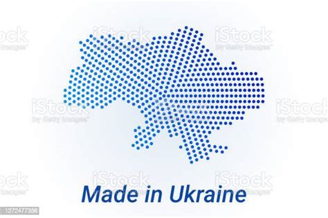 우크라이나의 지도 아이콘 우크라이나에서 만든 텍스트 벡터 로고 그림 파란색 하프톤은 배경에 점 둥근 픽셀 현대적인 디지털 그래픽 디자인 가리키기에 대한 스톡 벡터 아트 및