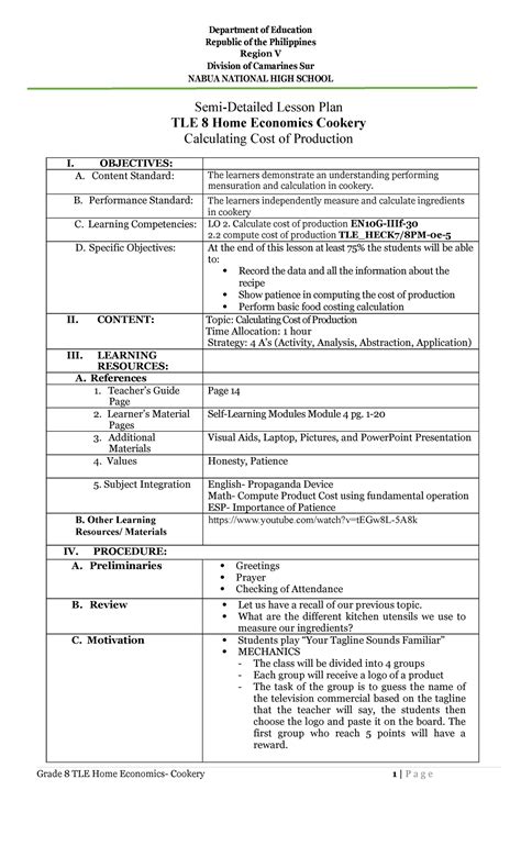Example Of Detailed Lesson Plan In Tle Free Printable