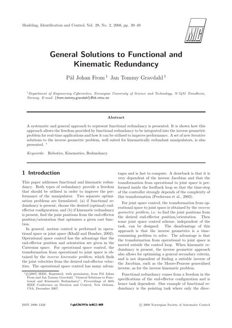 Pdf General Solutions To Functional And Kinematic Redundancy