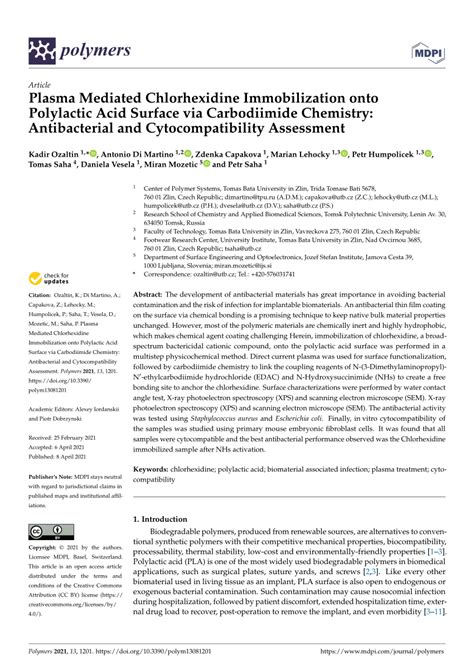 Pdf Plasma Mediated Chlorhexidine Immobilization Onto Polylactic Acid Surface Via Carbodiimide