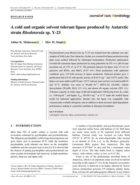 Pdf A Cold And Organic Solvent Tolerant Lipase Produced By Antarctic Strain Rhodotorula Sp Y 23