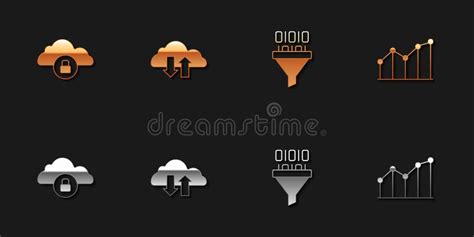 Set Cloud Computing Lock Download And Upload Binary Code And Pie Chart Infographic Icon