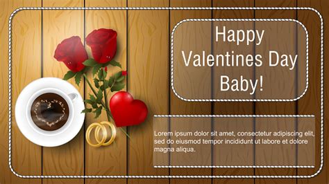 발렌타인 데이 인사말 배너 엽서 디자인 장식 커피 컵 꽃 장미 반지와 심장 나무 표면 상단보기에 거짓말을위한 텍스트 공간이 2월에 대한 스톡 벡터 아트 및 기타 이미지