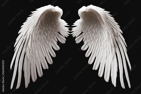 Isolated White Angel Wing Black Background Realistic Generative Ai