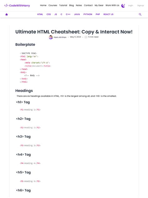 ultimate html cheatsheet copy and interact now codewithharry pdf
