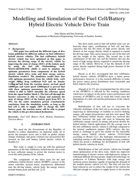 Modelling And Simulation Of The Fuel Cellbattery Hybrid Electric Vehicle Drive Train Pdf