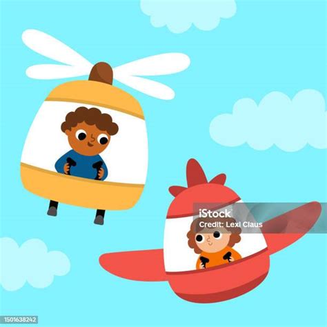소녀와 소년이 비행기와 헬리콥터를 조종하는 벡터 사각형 장면 교통 정면 그림입니다 수송을 운전하는 귀여운 아이들 항공기 풍경입니다 비행기에 만화 아이들 가공의 인물에 대한