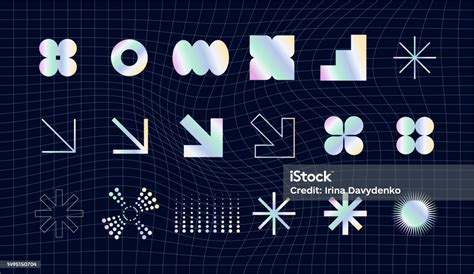 홀로그램 호일 스티커 Holo 엠블럼 태그 템플릿에는 무지개 빛깔의 색상 그라데이션 기하학적 기호 및 Y2k 스타일의 개체가 있습니다 0명에 대한 스톡 벡터 아트 및 기타