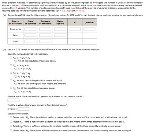 Solved Three Different Methods For Assembling A Product Were Chegg