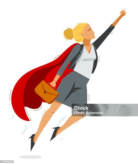 비즈니스 우먼 슈퍼 히어로는 성공 기업가 또는 Ceo에 비즈니스 관리자 경력에 강력한 벡터 일러스트 레이션 용감하고 강력한 영웅 여자를 비행 가냘픈에 대한 스톡 벡터 아트