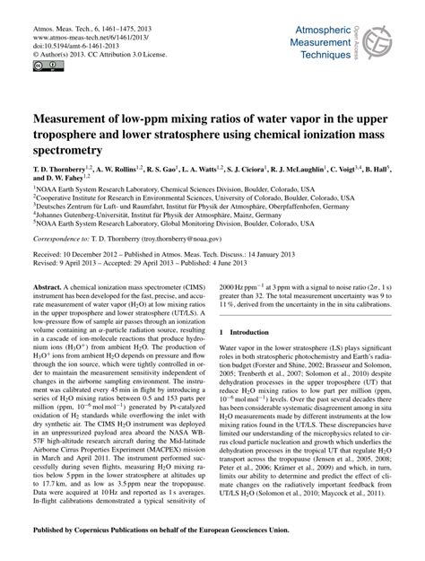 Pdf Measurement Of Low Ppm Mixing Ratios Of Water Vapor In The Upper