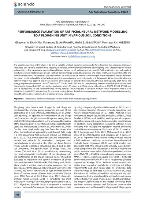Pdf Performance Evaluation Of Artificial Neural Network Modelling To A Ploughing Unit In