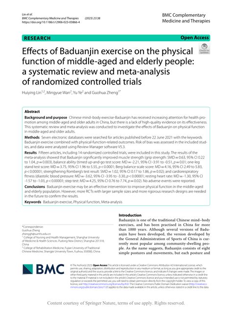 Pdf Effects Of Baduanjin Exercise On The Physical Function Of Middle Aged And Elderly People