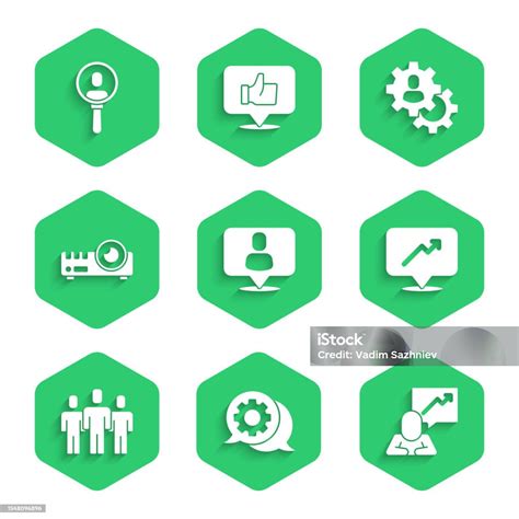 헤드 헌팅 말풍선 채팅 팀 리더 그래프 일정 차트 사용자 그룹 미디어 프로젝터 및 사용자 검색 아이콘을 설정합니다 벡터 Brand Name Online Messaging