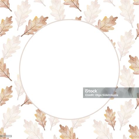 흰색에 고립 된 가을 갈색 색상의 오크 나무 잎의 손으로 그린 수채화 그림에서 프레임 파티 결혼 초대장 인사말 엽서에 대한 숲 자연 빈 카드 템플릿 11월에 대한 스톡 벡터