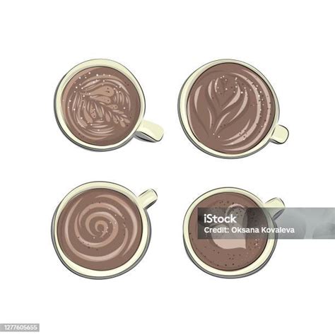 커피와 차 한 잔의 큰 세트 우유 드로잉 낙서 거품향기 카푸치노와 아메리카노의 머그잔 손으로 그린 만화 스타일의 플랫 음료 위쪽