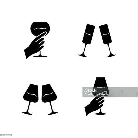 와인 서비스 문말 아이콘 세트입니다 와인 잔을 깜박입니다 알코올 음료를 들고 손 축하 파티 결혼식 유리 제품 와이너리 건배