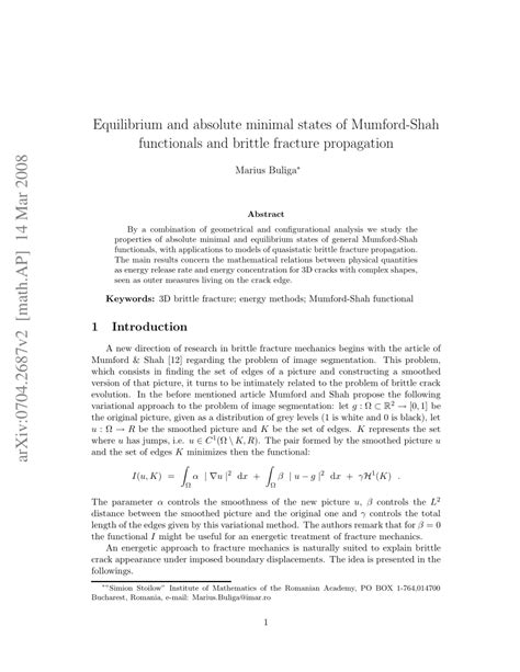 Pdf Equilibrium And Absolute Minimal States Of Mumford Shah Functionals And Brittle Fracture