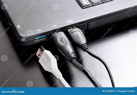Connect Usb Cable To Laptop Computer On Black Desk Stock Image Image Of Cable Technology