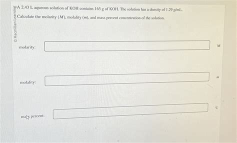 Solved Calculate The Molarity M Molality M And Mass Chegg Com