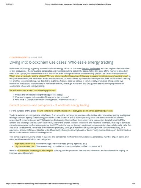 Diving Into Blockchain Use Cases Wholesale Energy Trading Cleantech Group Pdf Commodity