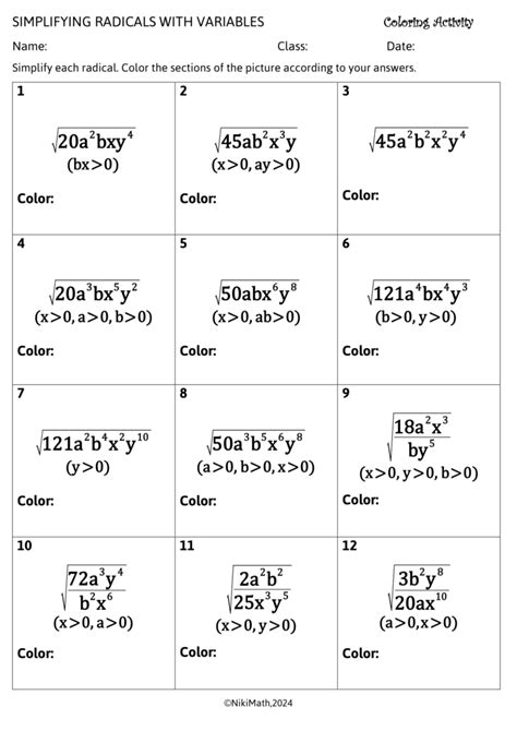 Simplifying Radicals Square Roots With Variables Color By Code Teacher Professional Development