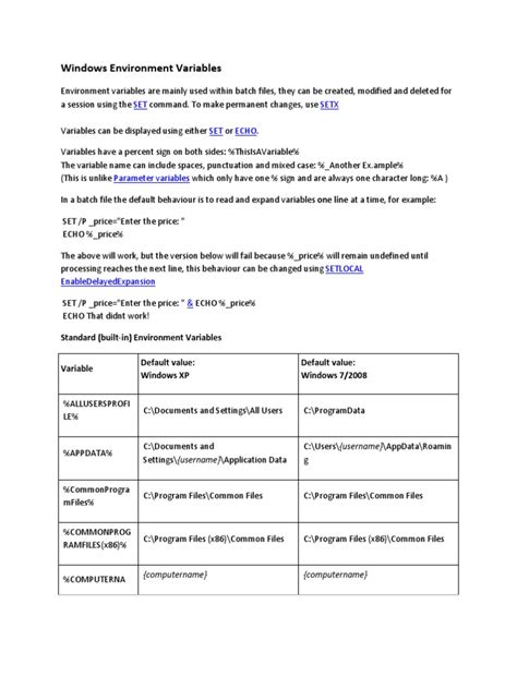 Windows Environment Variables Pdf Windows Registry Command Line Interface