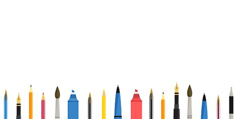 가로 레이아웃에서 화면 하단의 다양한 펜 연필 마커 및 하이라이터의 플랫 벡터 그림입니다 웹 페이지 배경 배너 디자인용입니다 흰색 배경에 격리 개인 장식품에 대한 스톡 벡터