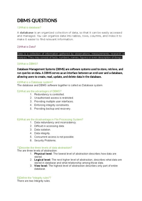 Dbms Questions Dbms Questions 1what Is Database A Database Is An