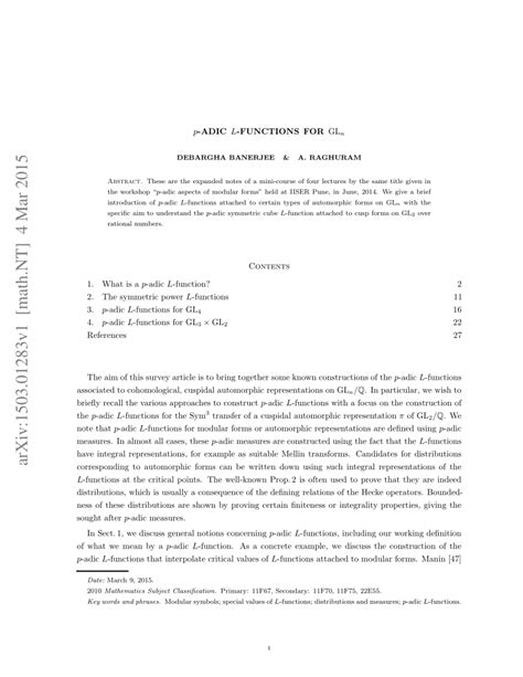 Pdf P Adic L Functions For Gln