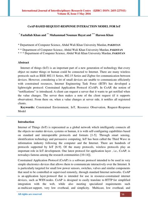 Pdf Coap Based Request Response Interaction Model For Iot