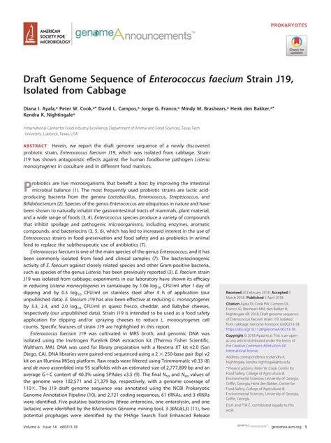 [pdf] Draft Genome Sequence Of Enterococcus Faecium Strain J19 Isolated From Cabbage