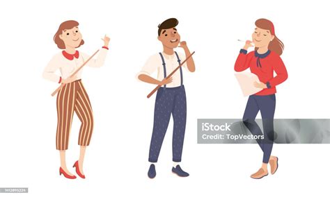 남자와 여자 학교 교사 또는 교육자 포인터 벡터 세트와 함께 서 공부에 대한 스톡 벡터 아트 및 기타 이미지 공부 교사 교육 관련 직업 교수 Istock
