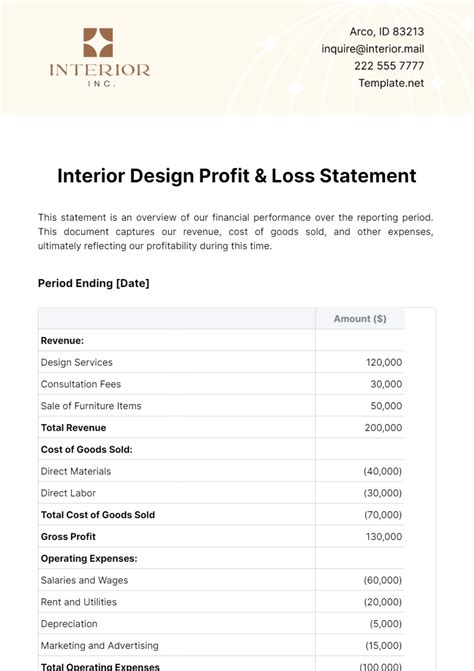 Interior Design Income Statement Template Free