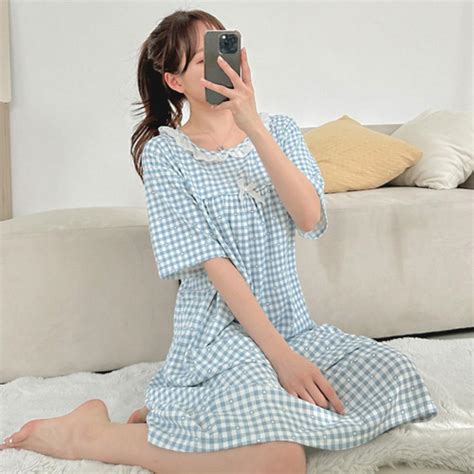 다잇템 여자 그린 레이스 격자 파란색 Ss 박시핏 드레스 잠옷